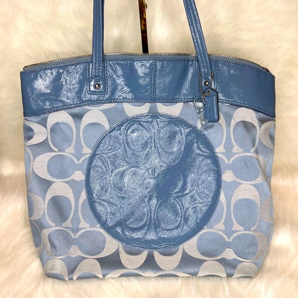Coach | Bags | Coach Laura Signature Monogrammed Tote Blue Cream Tote ...
